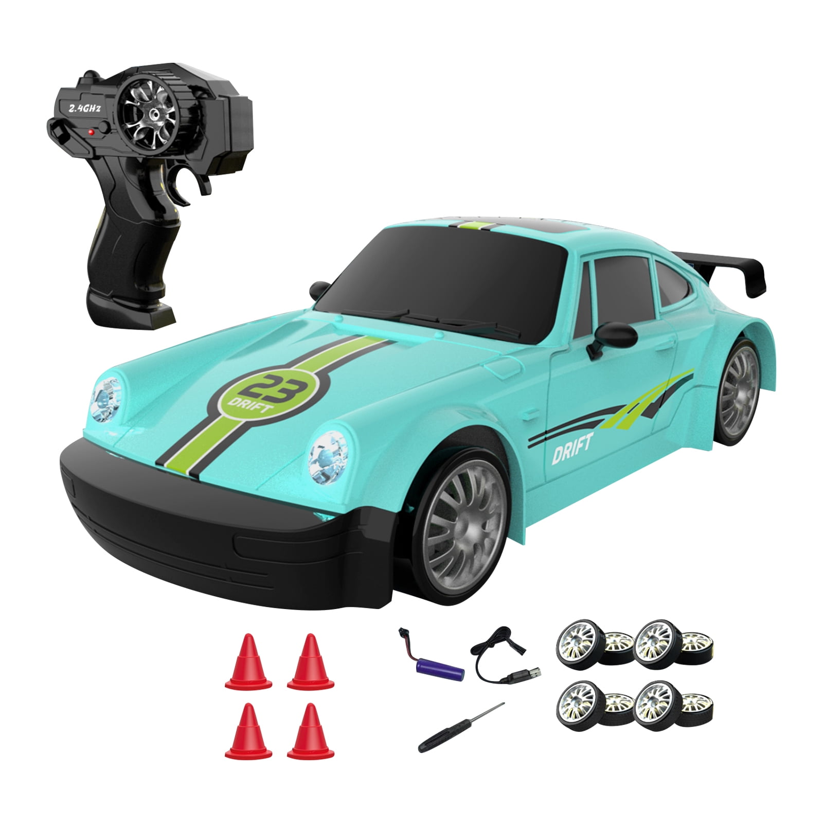 16 Scale Teal Rc Vehicle With 1 Remote, 4 Traffic Cones, 8 Tires, 1 ...