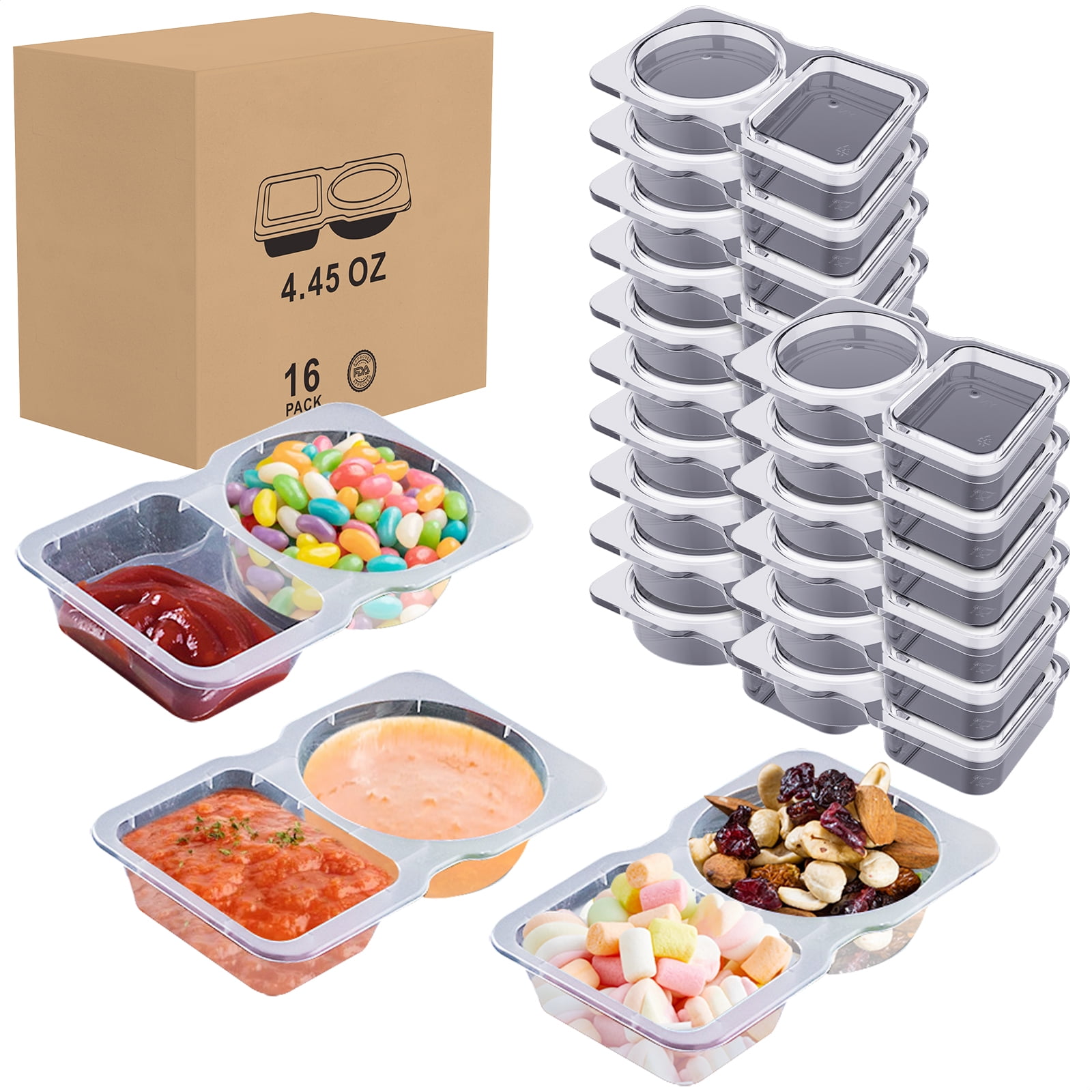 16 Sets Condiment Containers with Lid, Disposable Double Compartment ...
