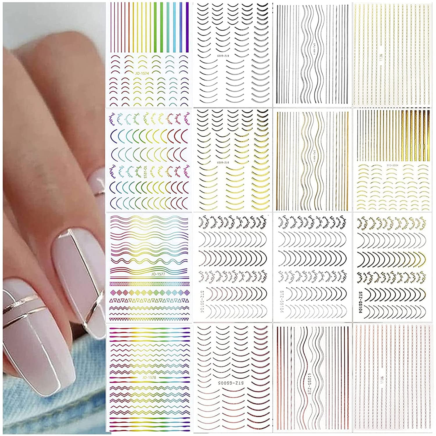 16 Sheets French Line Nail Stickers, Metallic Curve Strip Line Nail ...