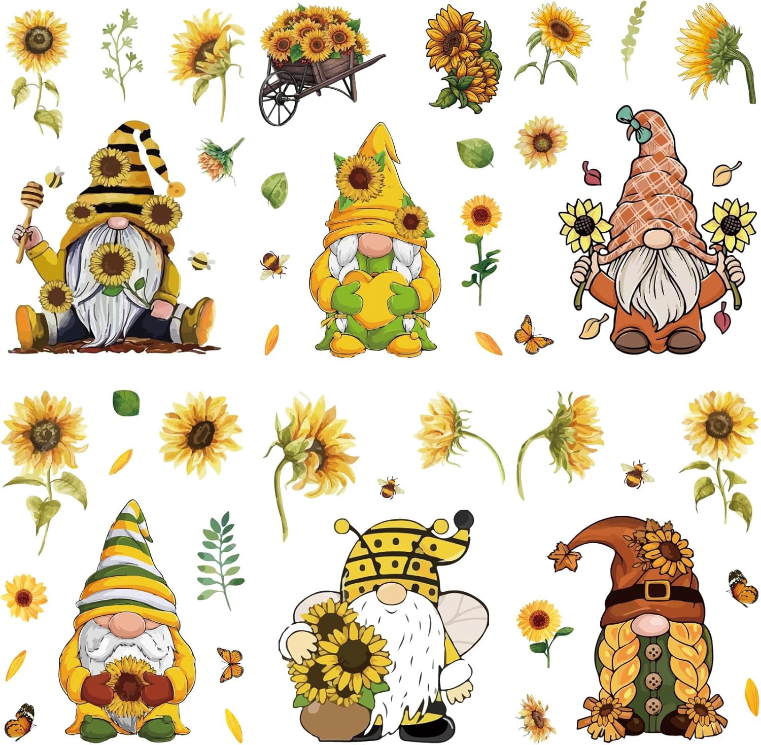 16 Sheets Gnome Wall Stickers Dwarf Stickers Sunflower Butterfly Window ...