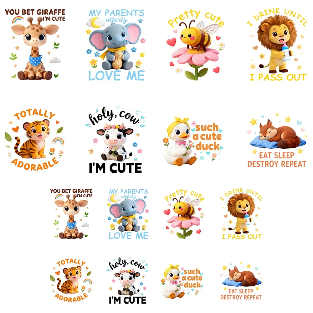 16 Sheets Iron on Transfers for T-Shirts Cute Animals and Flowers DTF ...