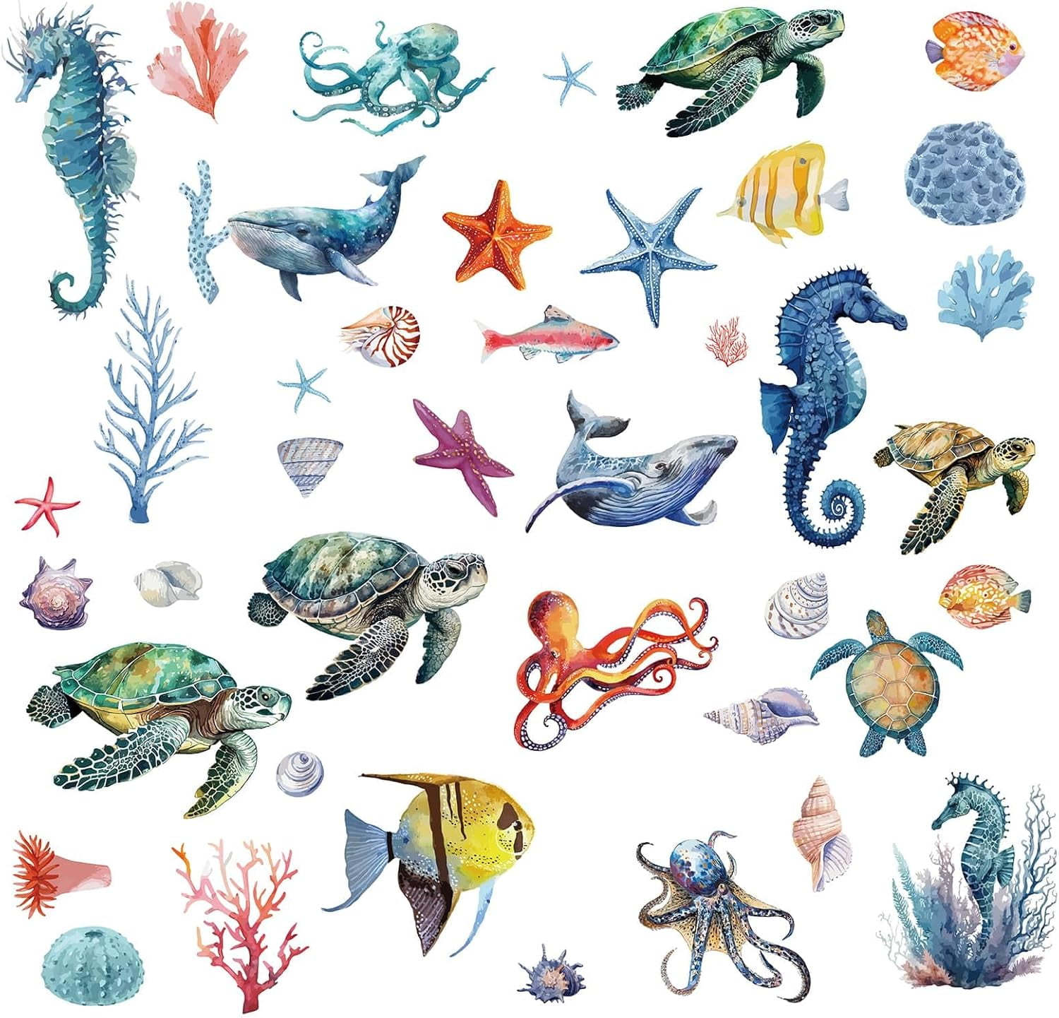 16 Sheets Sea Animal Wall Stickers Seahorse Turtle Octopus Whale Conch ...