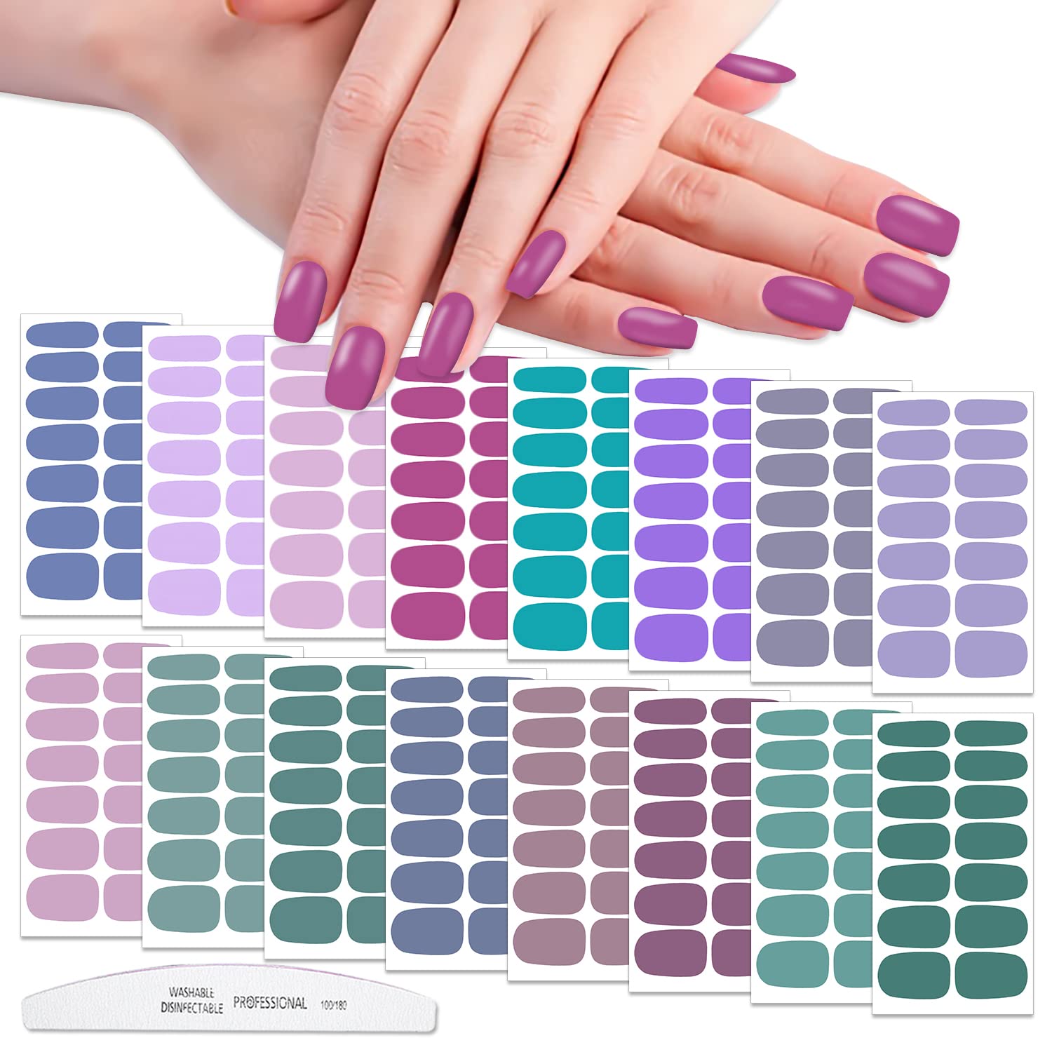 16 Sheets Solid Nail Polish Strips with Nail File Lovely Bright Color ...
