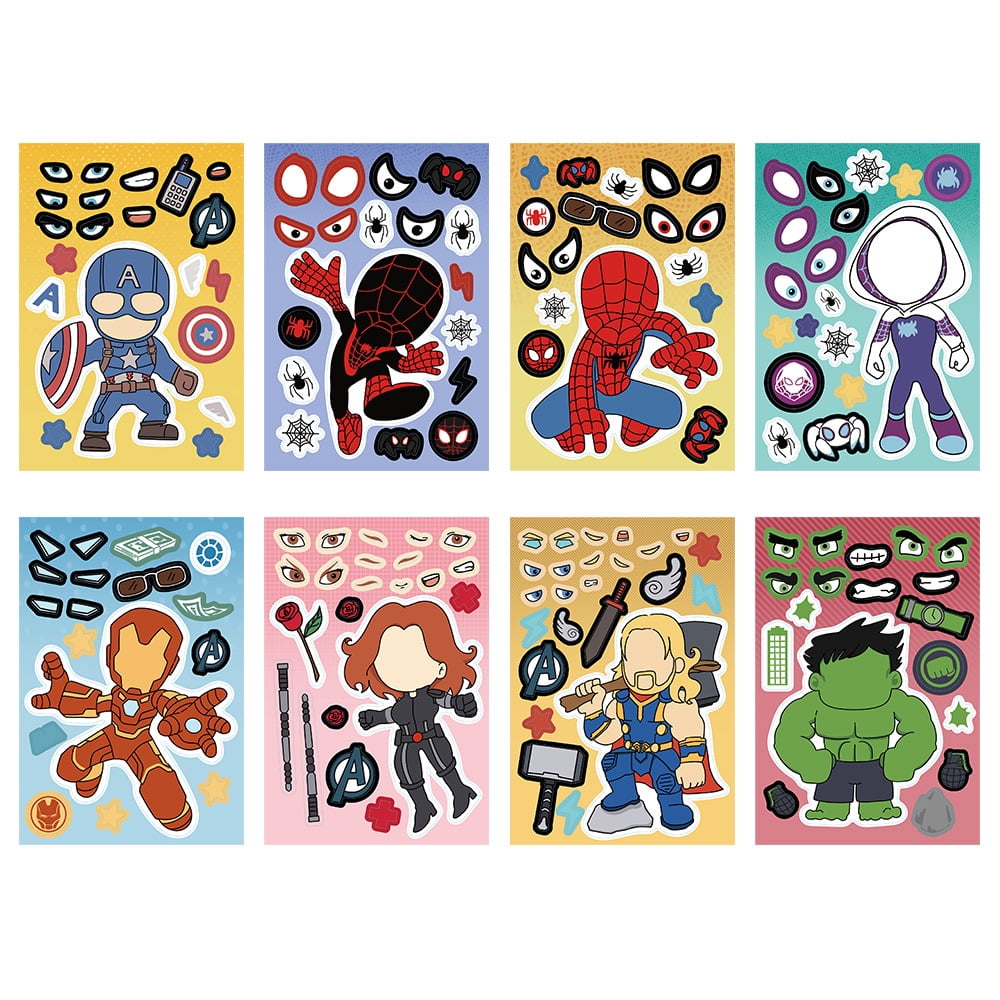 16 Sheets Superhero Stickers Puzzle Make-a-Face Game for Kids, DIY ...