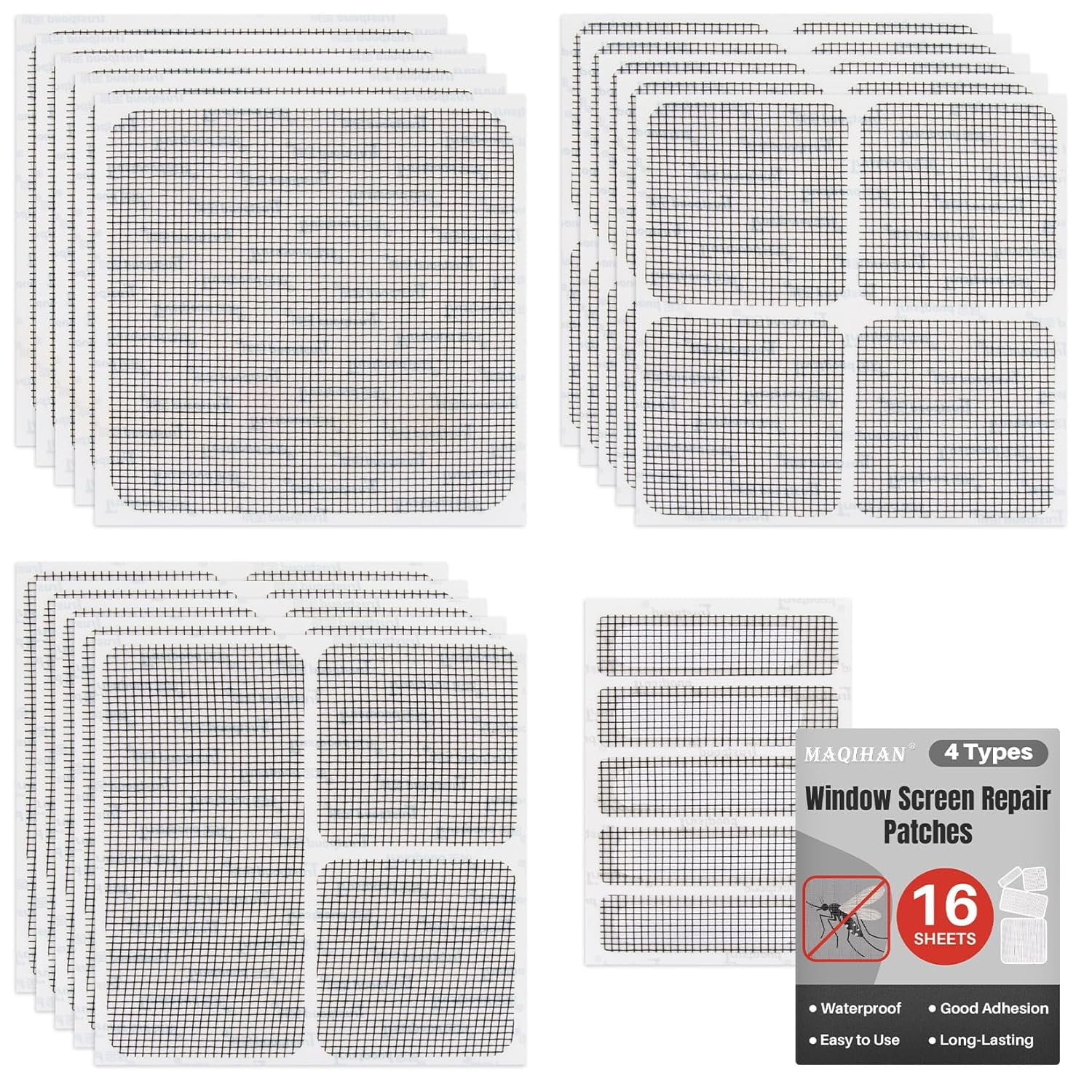 16 Sheets Window Screen Repair Kit - Black Self-Adhesive Screen Patch ...