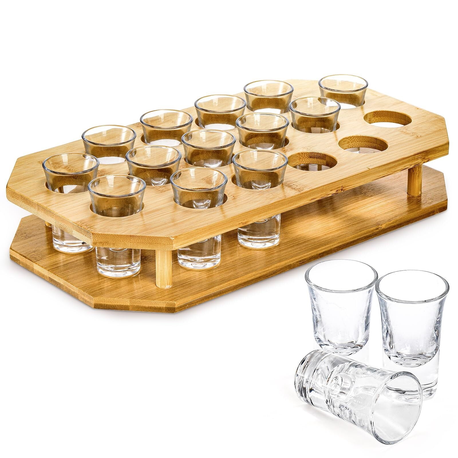 16 Shot Glass Server Tray Set, 1 oz Shot Glass Set with Bamboo Tray ...