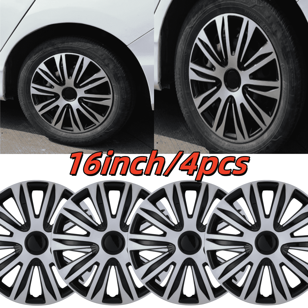 16" Silver & Black Hubcaps/Wheel Covers for Most Cars,Set of 4 Snap on ...