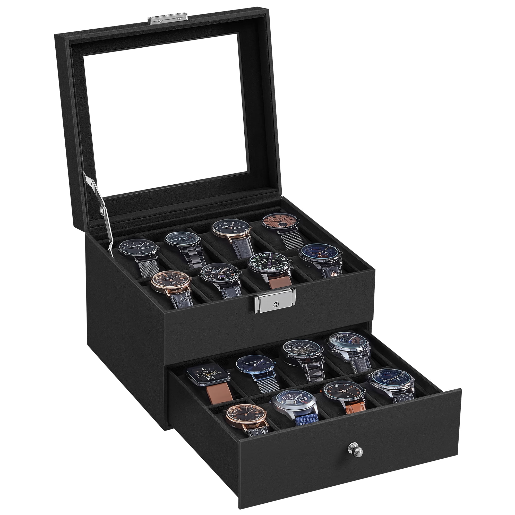 16-Slot Watch Box, Leather Watch Case with Glass Lid, 2 Layers Lockable ...