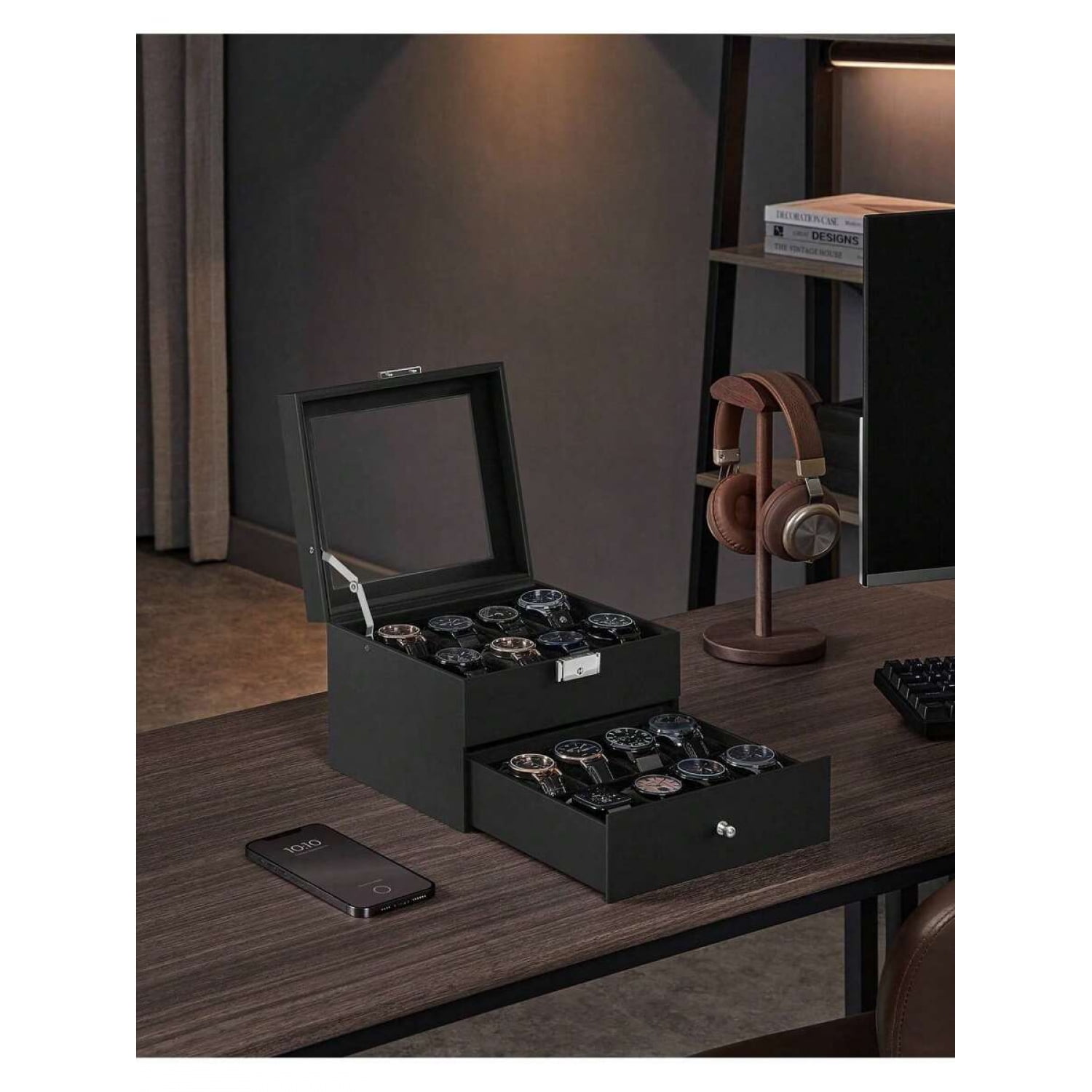 16-Slot Watch Box, Watch Display Case With Glass Lid, 2 Layers ...