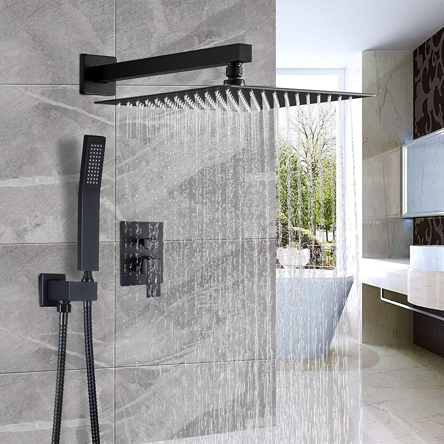 feetron, 16'' Matte Black Square Rainfall Shower Set, Handheld Shower ...