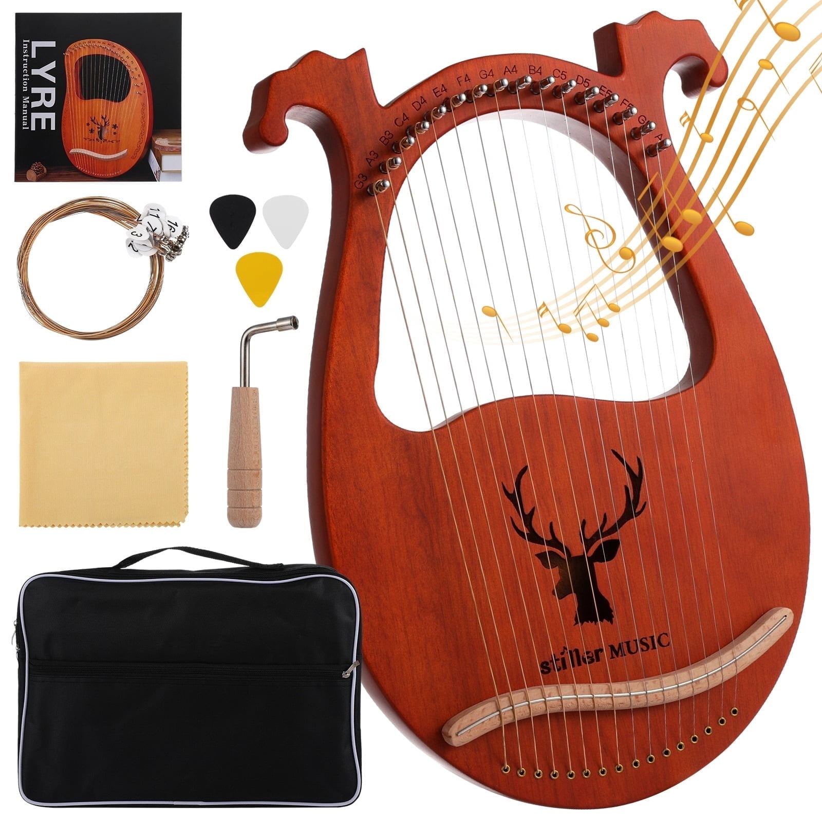16 Strings Mahogany Lyre Harp, Antler Carved Wood Lyre, Portable ...