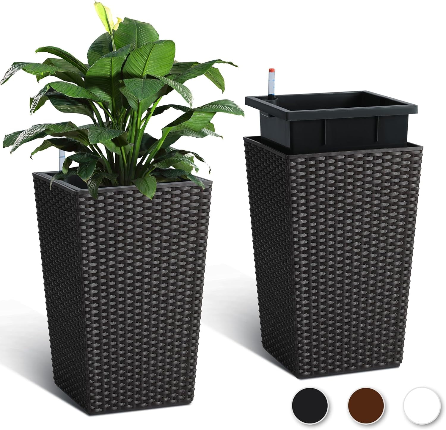16” Tall Rattan Planter Set of 2 Outdoor and Indoor Plant Pots with ...