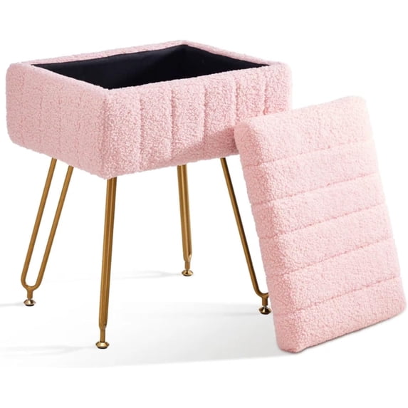 16" Teddy Fabric Storage Ottoman, Plush Vanity Stool with Hidden ...