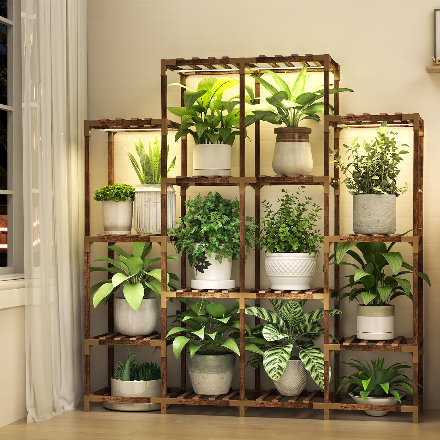 16 Tier Plant Stand with Four Headed Grow Lights, Plant Shelf with Grow ...