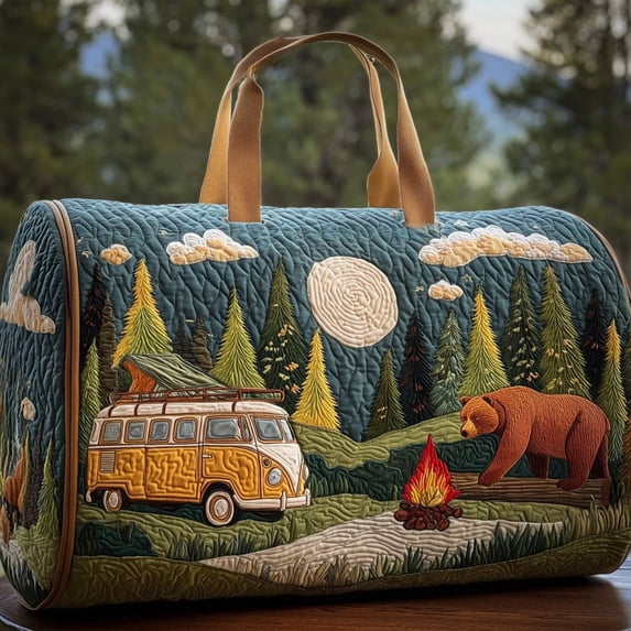 16" Van Quilted Duffle Bag, Retro Camper Canvas Weekender for Women, Compact Travel Carry-on ...