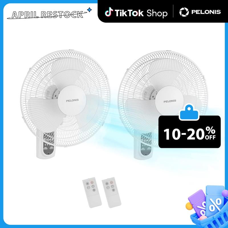16'' Wall Mounted Fan (2-Pack) – Remote Control, 3 Speeds & 3 Modes, 7.5H Timer, Adjustable Tilt ...