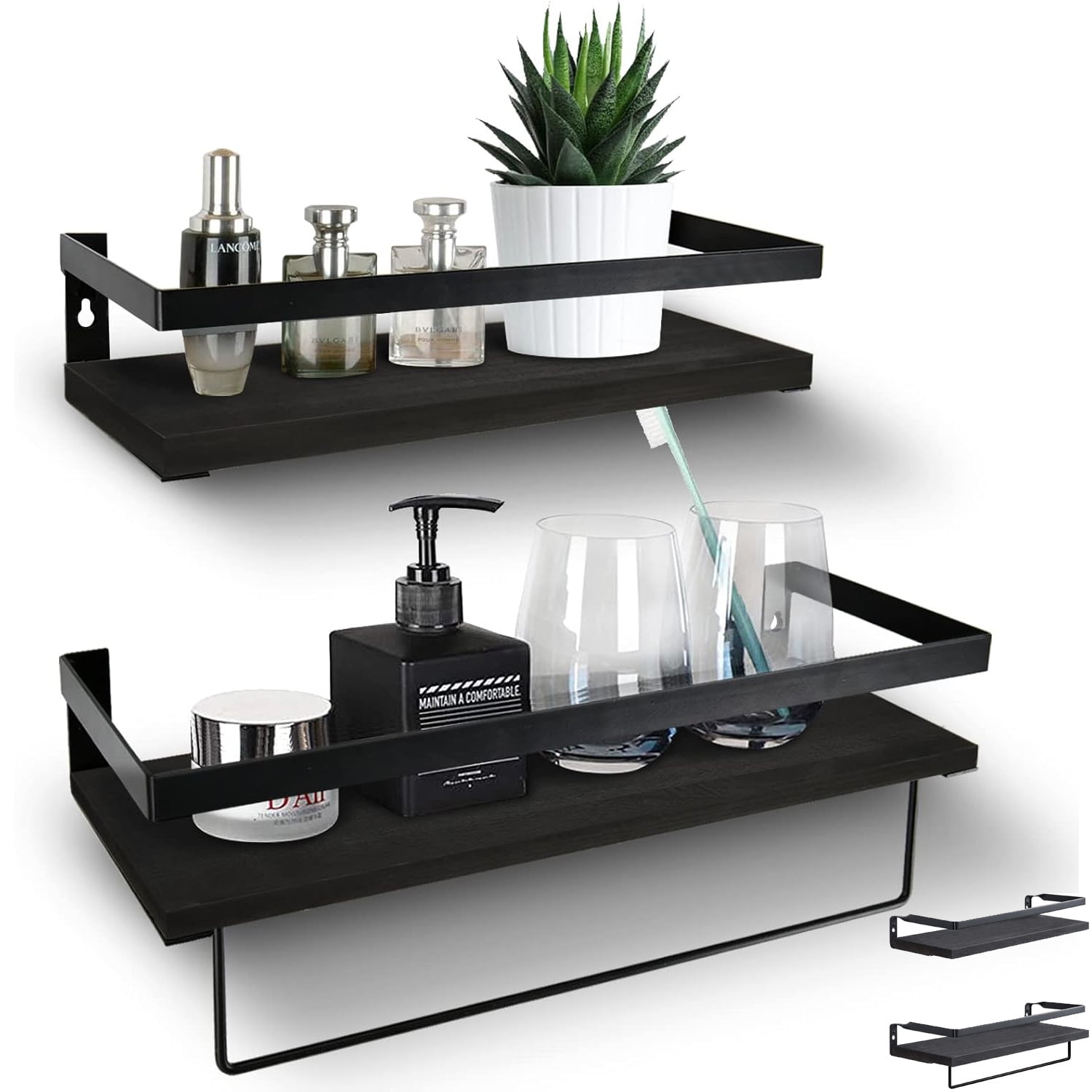 2-Tier Wall-Mounted Floating Shelves W/Guardrail & Towel Bar, 16 Inch ...