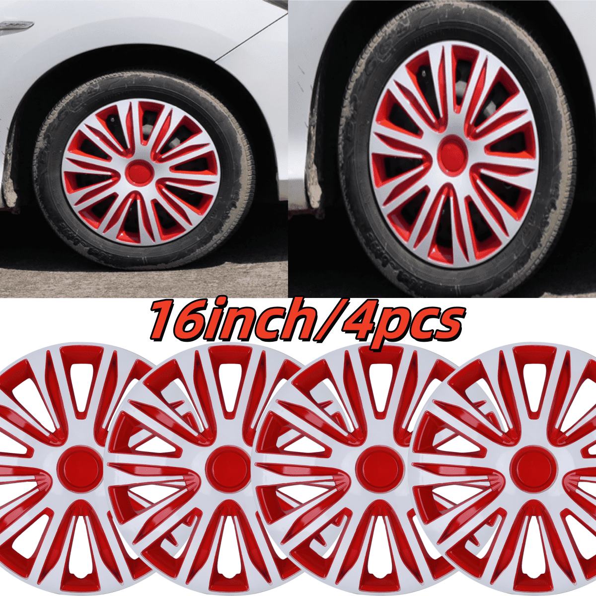 16" White & Red Hubcaps/Wheel Covers for Most Cars,Set of 4 Snap on Car ...