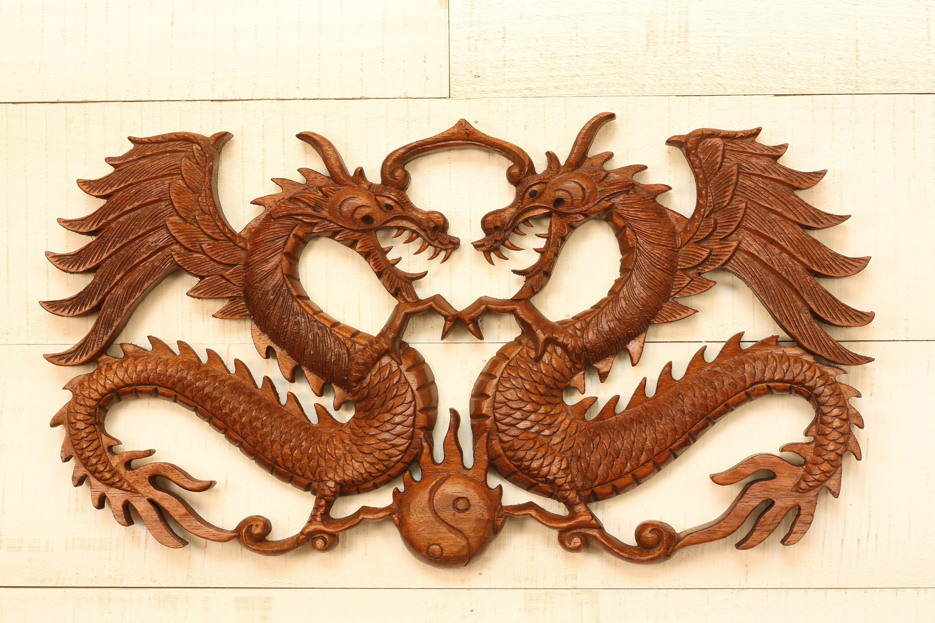 16" Wooden 2 Dragons Wall Hanging Hand Carved Relief Plaque Statue ...