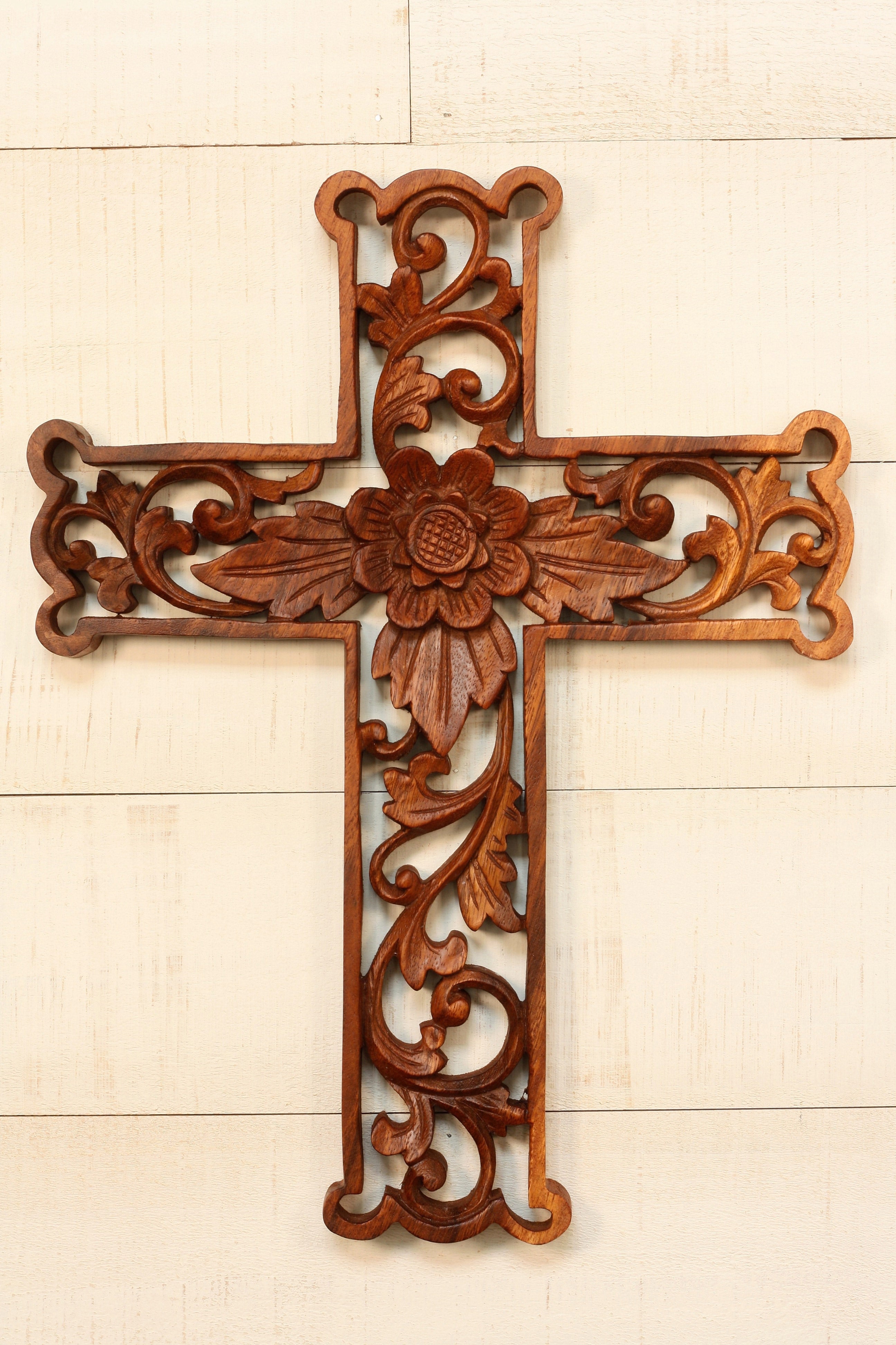 16" Wooden Hand Carved Lotus Flower Cross Wall Plaque Relief Panel ...