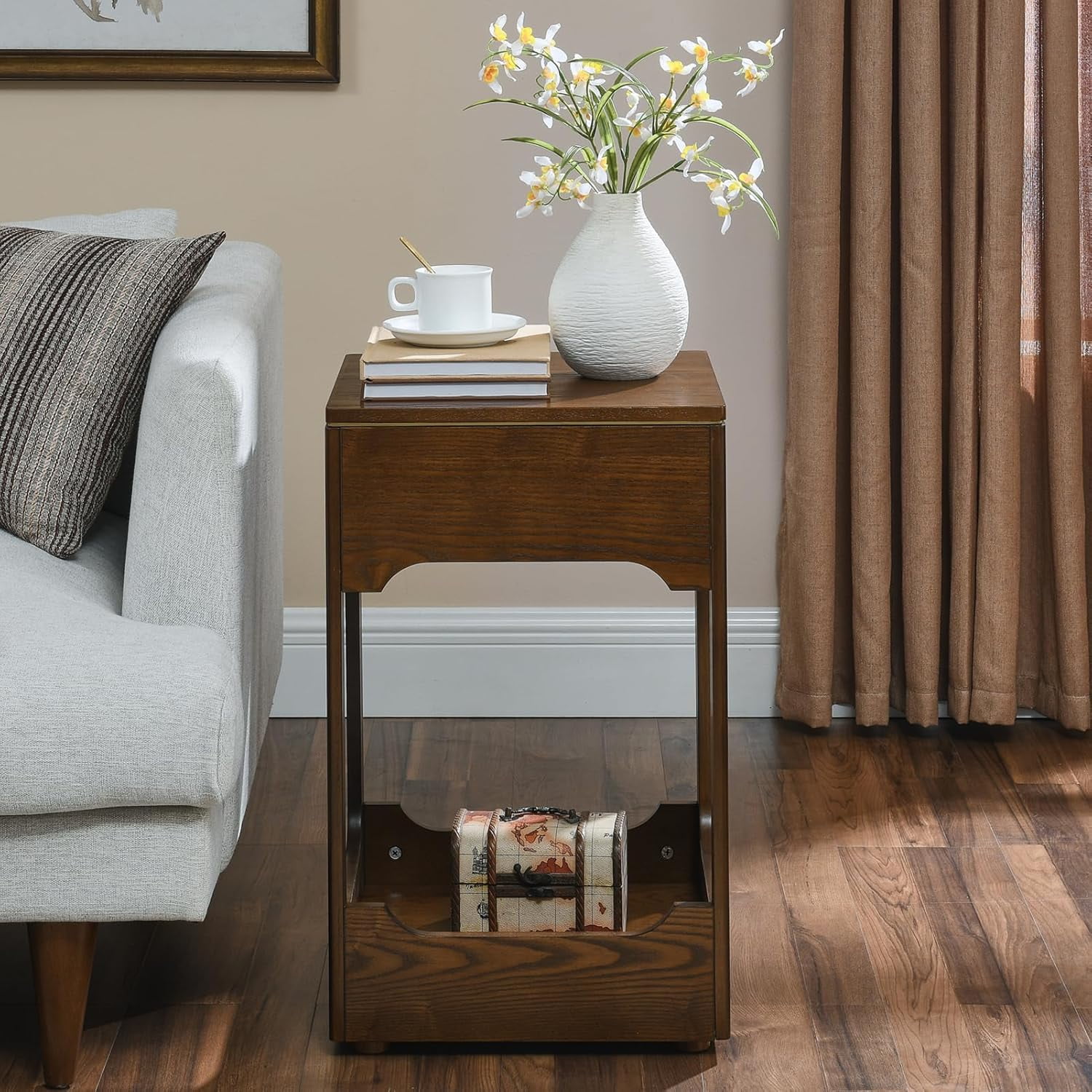 16" Wooden Lift Top Side Table, Mid Century Small Rising End Table ...