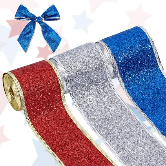 16 Yards Ribbon Wired 2.5 Inch Glitter Patriotic Ribbon Ribbons Red ...