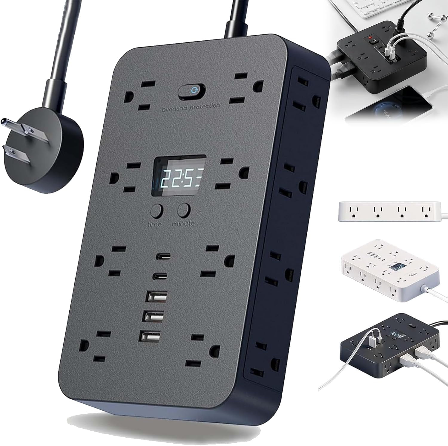 16 in 1 Power Strip Surge Protector, 5/10FT Recessed Power Outlet, Wall ...