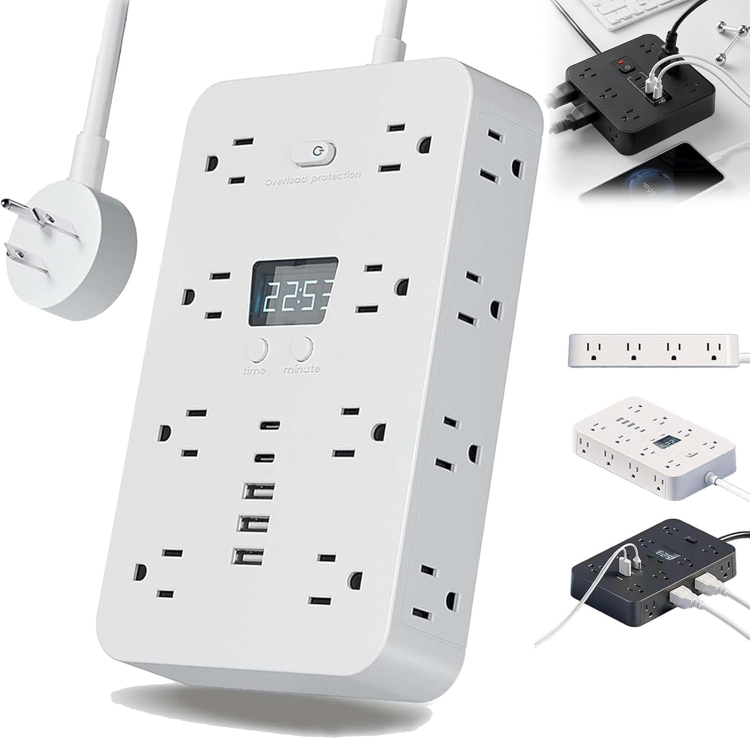 16 in 1 Power Strip Surge Protector, 5/10FT Recessed Power Outlet, Wall ...