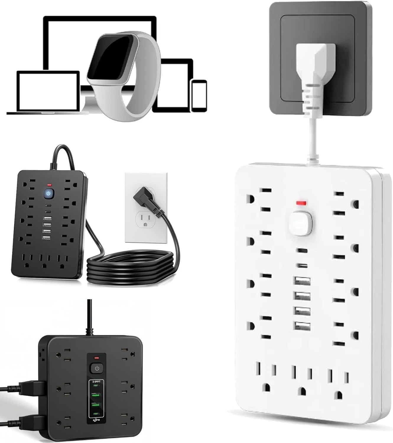 16-in-1 Power Strip with Switch & Surge Protection, Portable Flat Plug ...