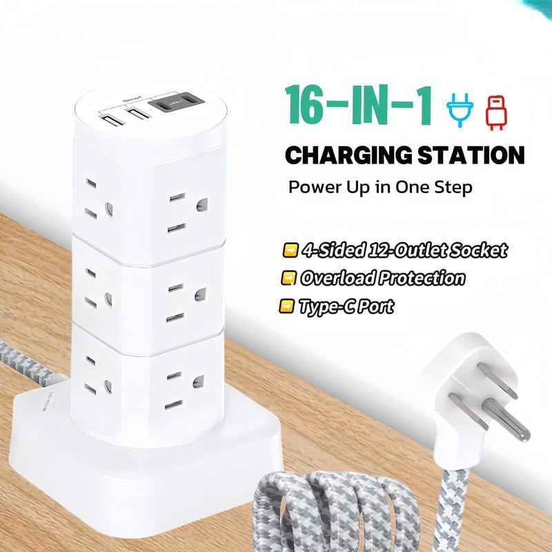 16-in-1 Power Strip Tower: 12 AC Outlets, 4 USB Ports (2 USB-C), Surge & Overload Protection ...