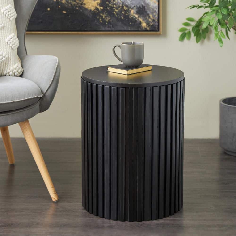 16 in. Black Handmade Ribbed Large Round Wood End Table with Slatted ...