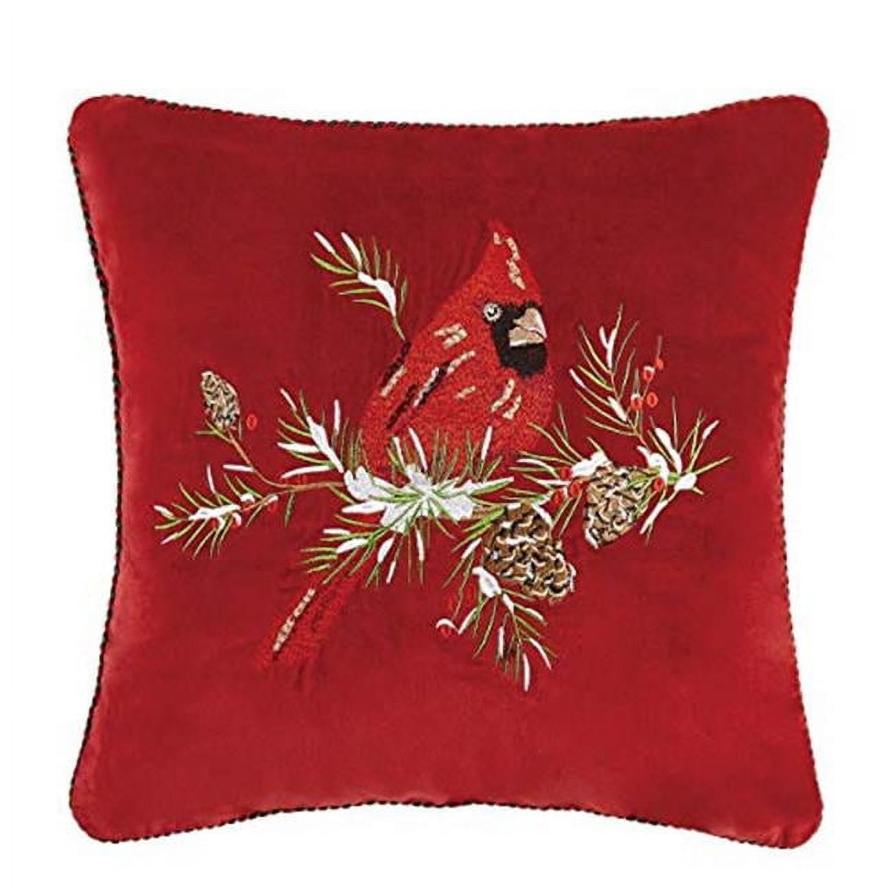 16 in. Embroidered Cardinal on The Pine Tree Holiday Velvet Pillow, Red ...