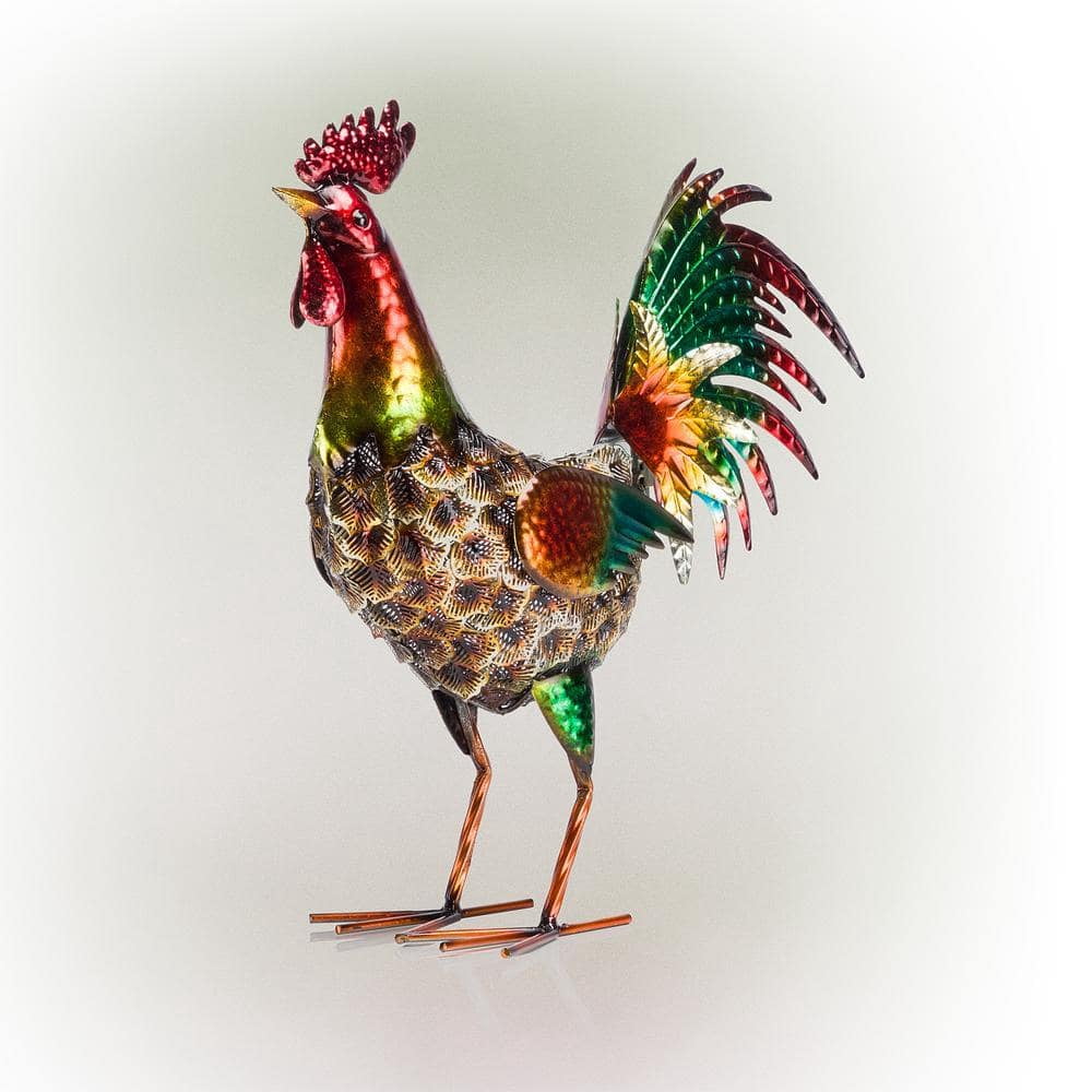 16 in. Tall Outdoor Metallic Rooster Standing Yard Statue Decoration ...