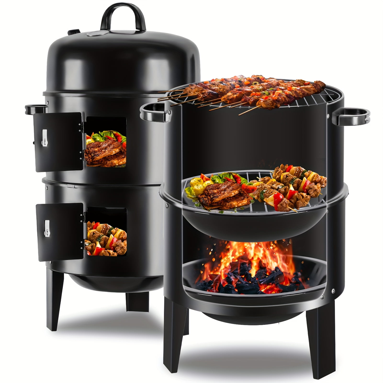 16-inch 3-Tier Vertical Charcoal Smoker Grill - Portable Zinc Alloy BBQ ...