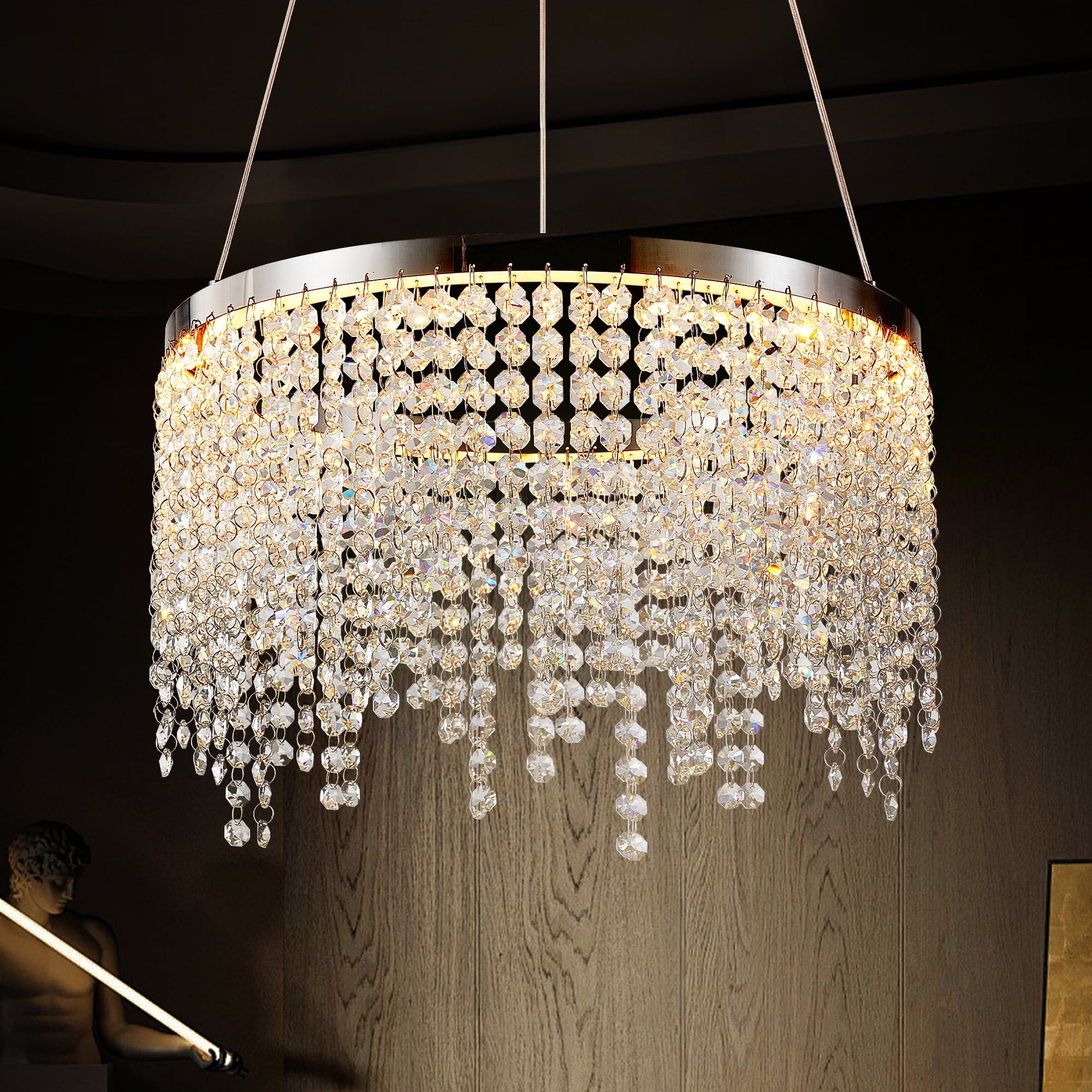 16-inch Luxury Crystal LED Chandelier - Adjustable Height and Color Temperature (3000K-6000K ...