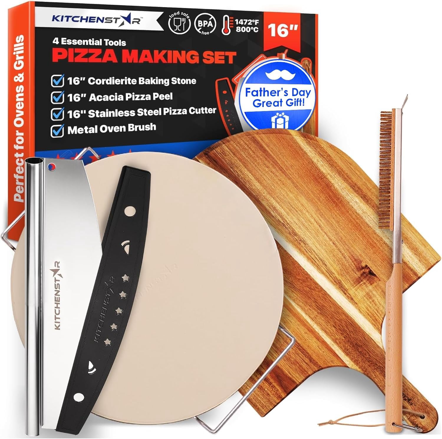 16-inch Pizza Making Set, 4 Essential Tools - Pizza Stone + Stainless ...