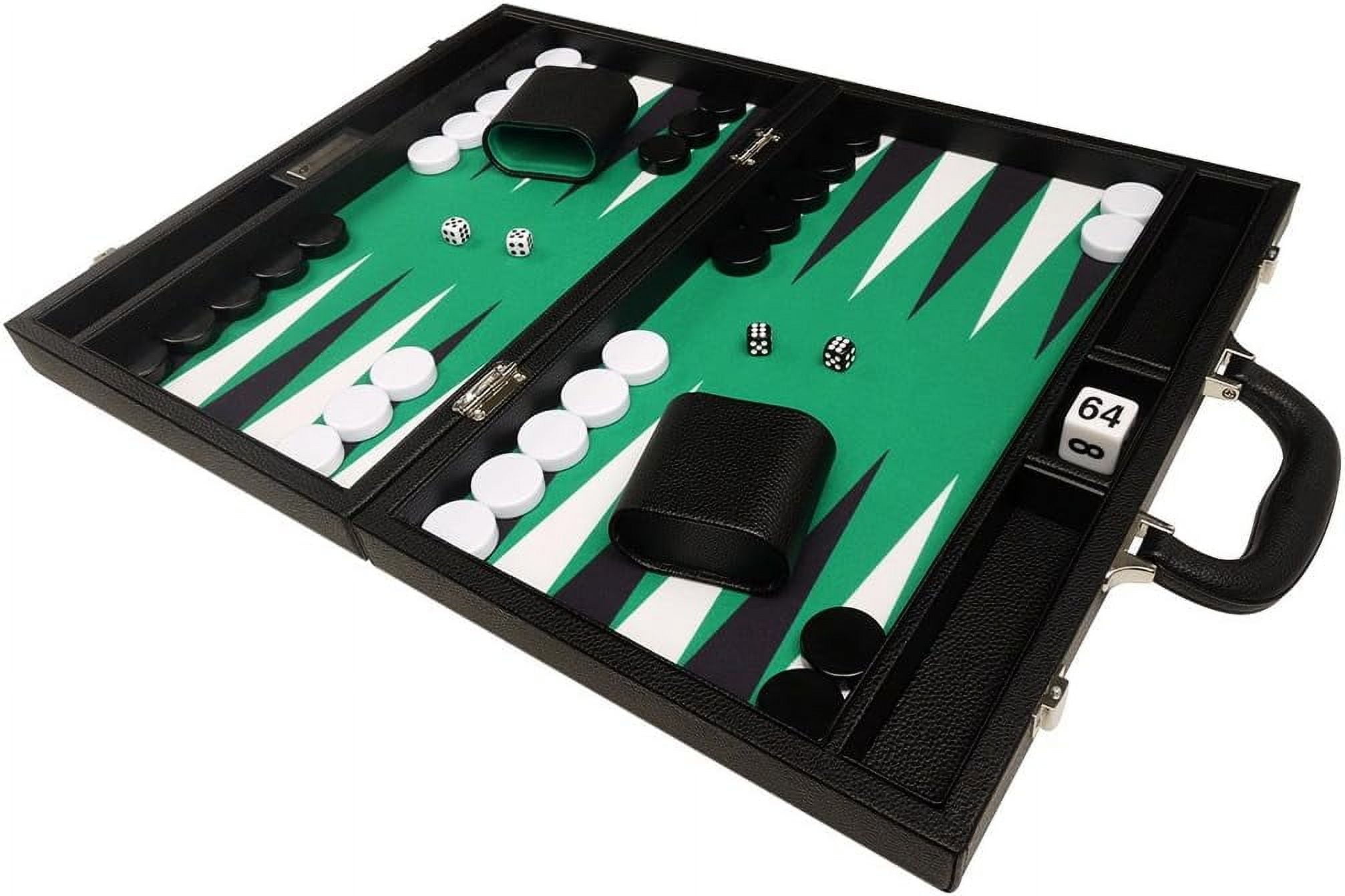 16-inch Premium Backgammon Set - Medium Size - Black Board, Green Playing Surface, White and ...