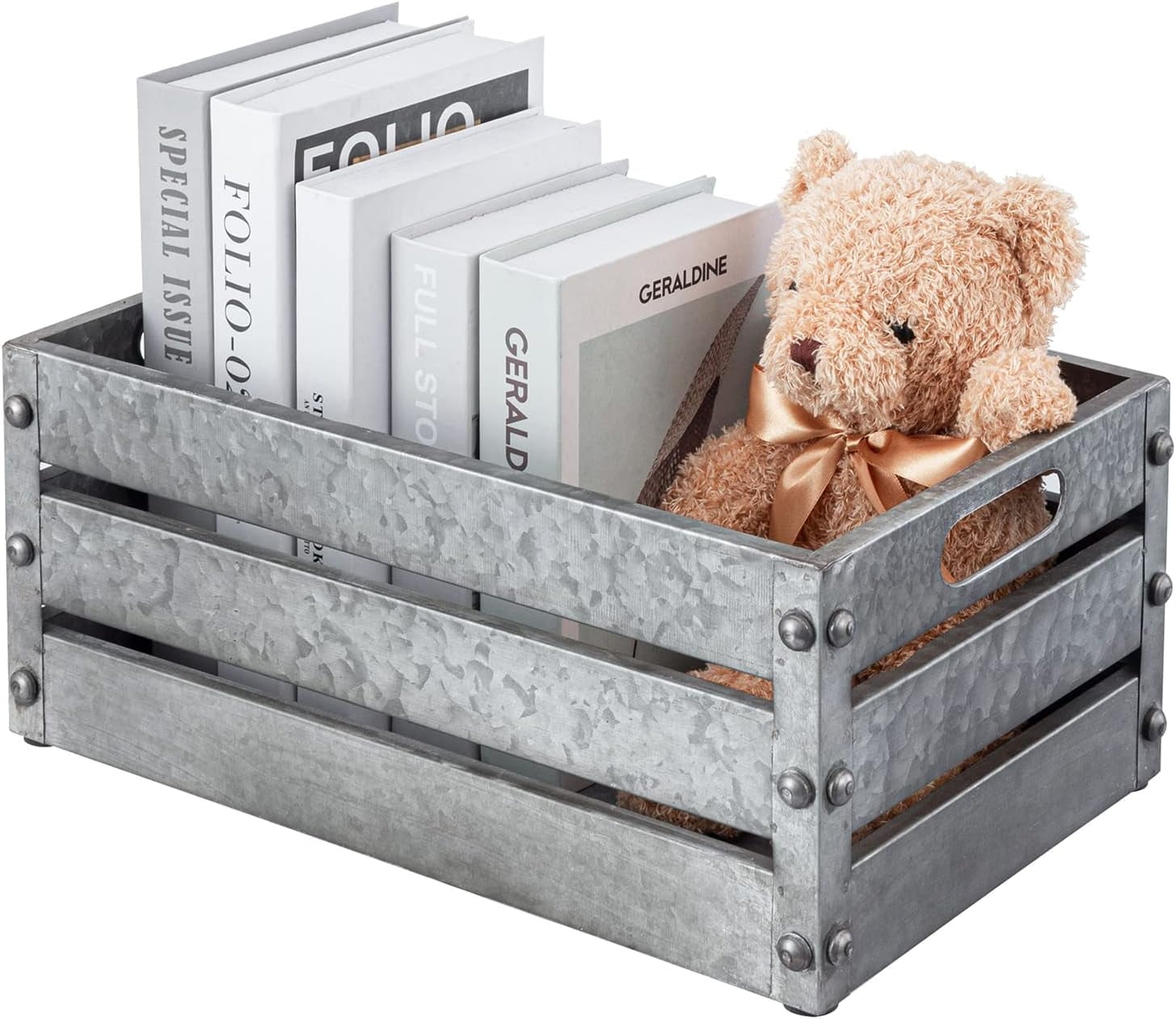 16-inch Rustic Silver Galvanized Metal Storage Crate Display Box with ...