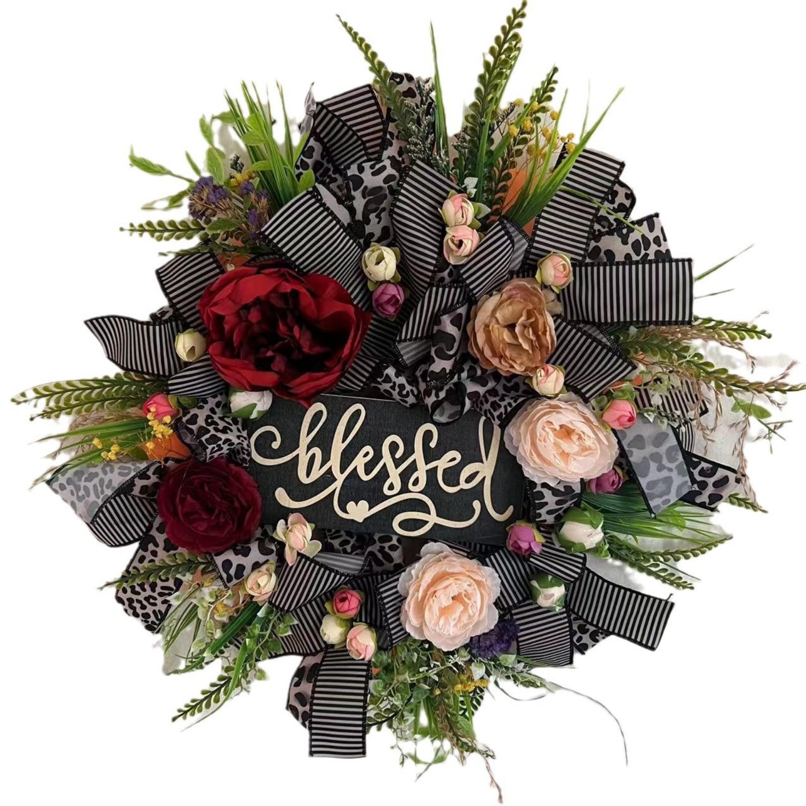 16-inch Spring Floral Wreath with Roses - Grapevine Base, Farmhouse ...