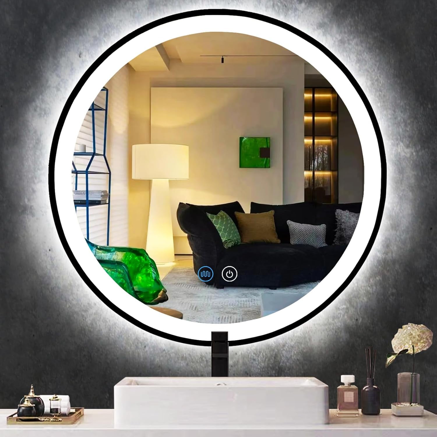 16 inch black bathroom round led mirror with light black frame lighted ...