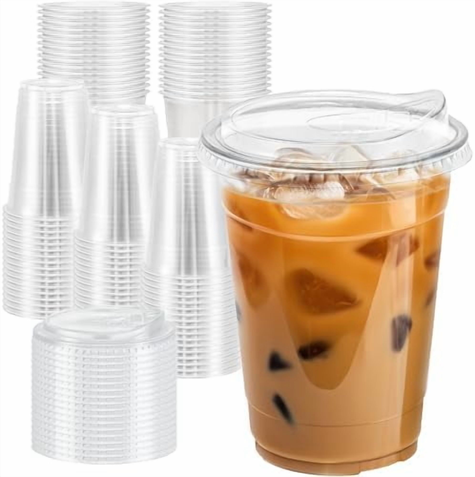 16 oz 100 Pack Clear Plastic Cups with Lids, Sturdy Iced Coffee Cups ...