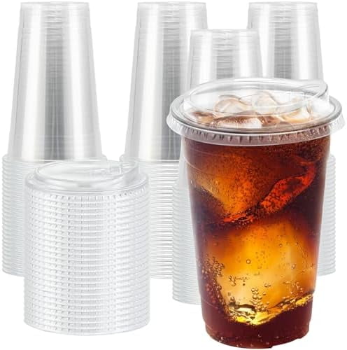 16 oz 100 Pack Clear Plastic Cups with Lids, Sturdy Iced Coffee Cups ...