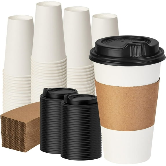 16 oz 100 Pack Coffee Cups with Lids and Sleeves, Hot Paper Coffee Cups ...