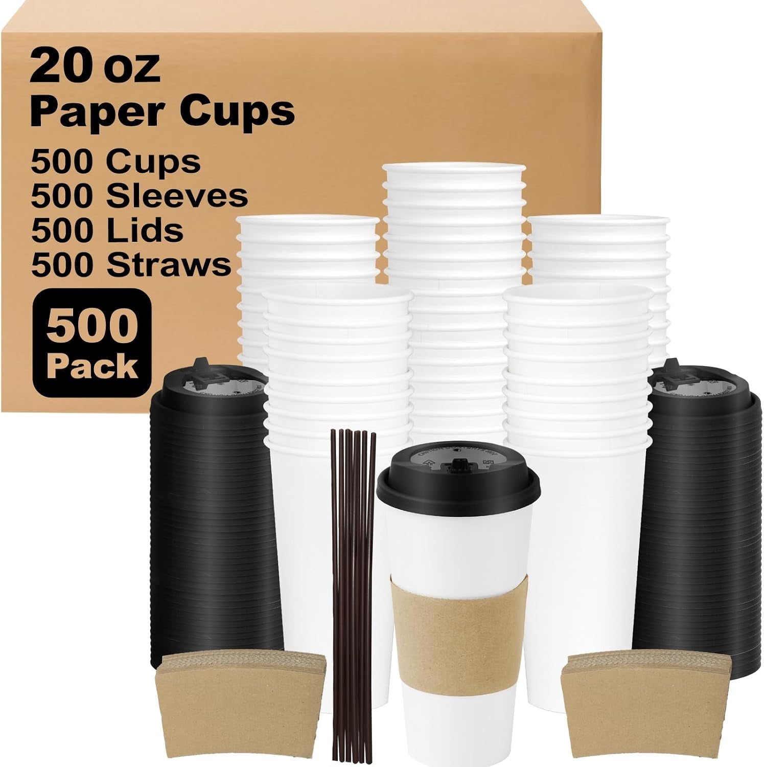 16 oz 100 Pack Corrugated Ripple Wall Disposable Coffee Cups with Lids ...