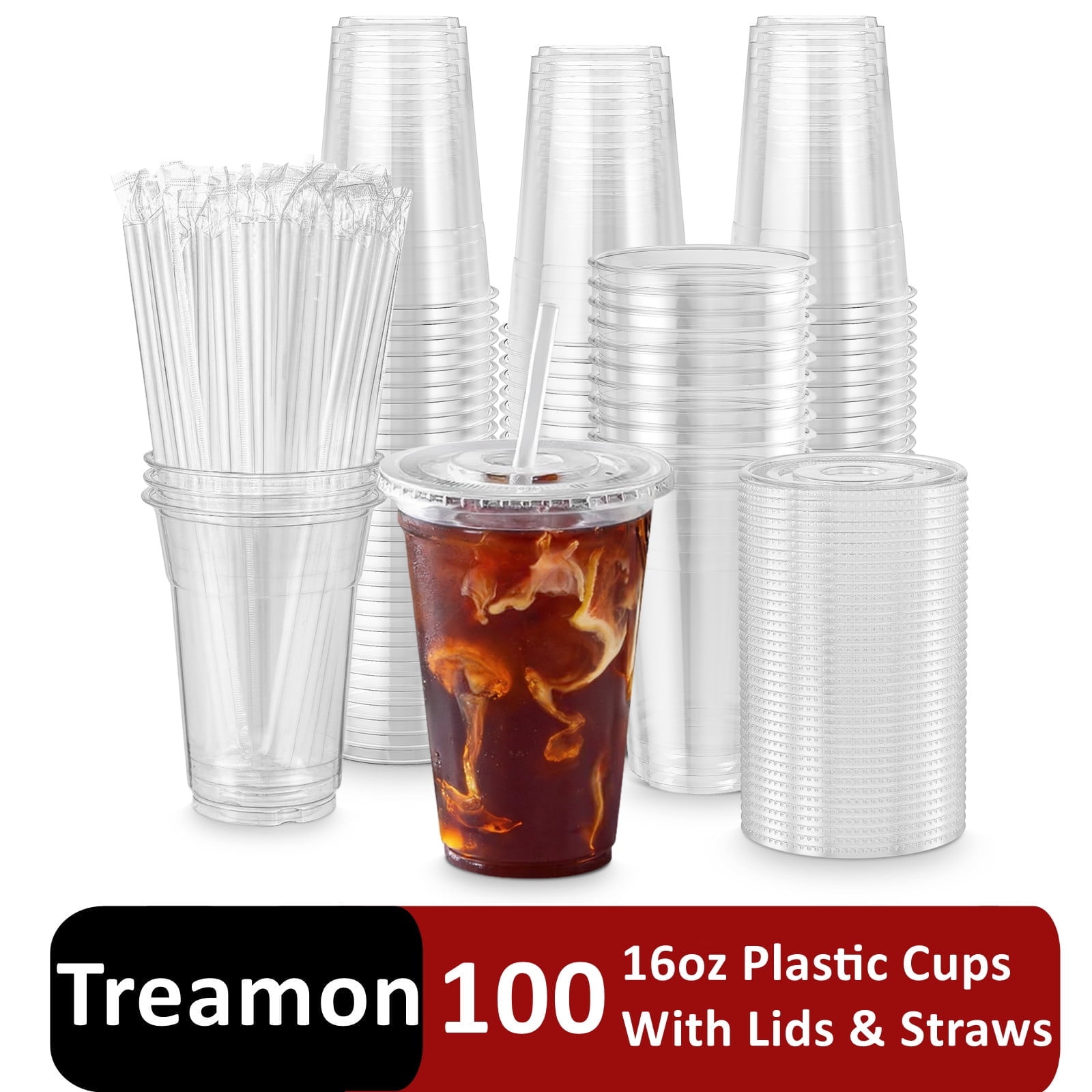 Treamon Clear Plastic Cups with Lids and Straws, 16 oz Disposable Party ...