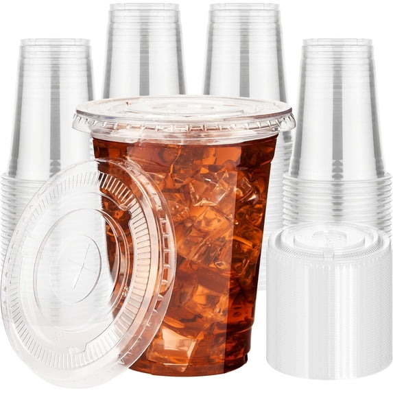 16 oz 100 Pack Disposable Iced Coffee Cups with Lids, Clear Plastic ...