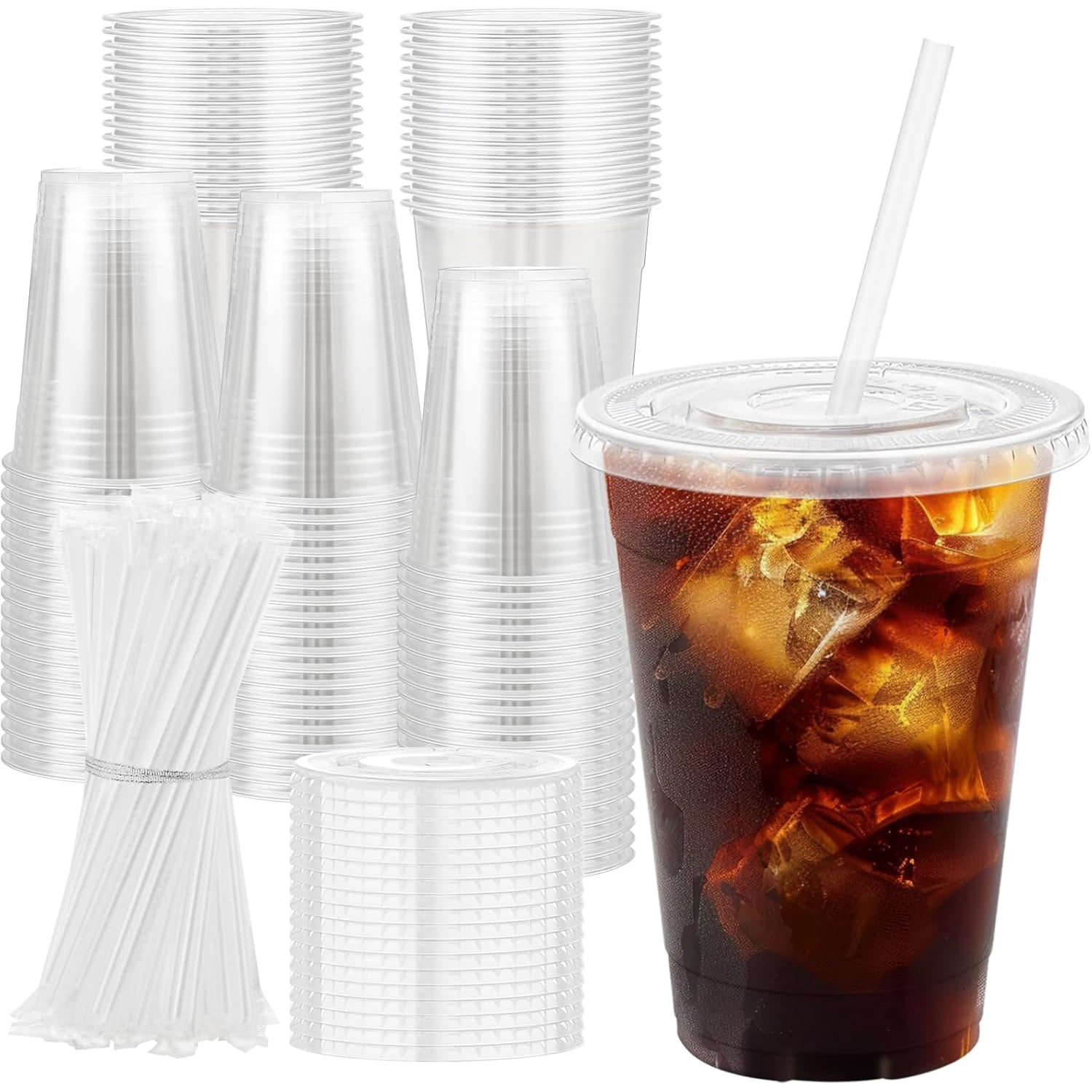 16 oz 100 Pack Plastic Cups with Lids and Straws, Sturdy Food Safe Iced ...
