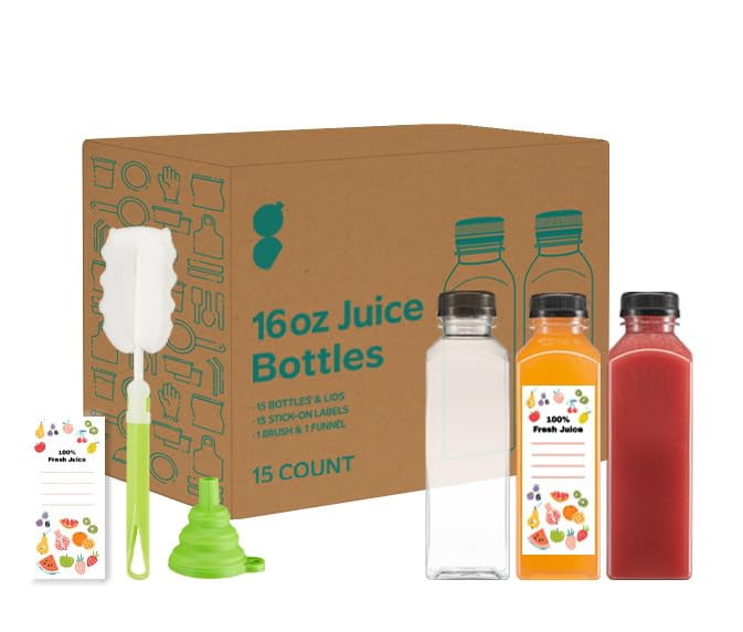 [16 oz. - 15 Count Reusable Plastic Juice Bottles With Caps, Labels ...
