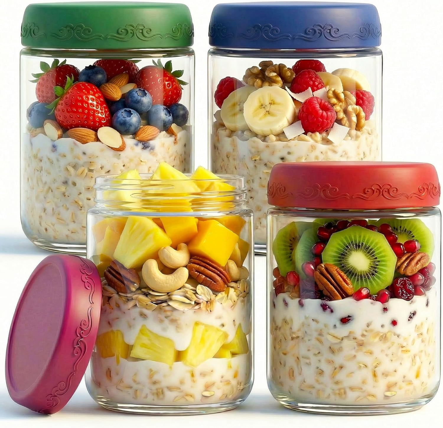 16 oz 4 Pack Glass Meal Prep Jars with Lids, Airtight Mason Jars for ...