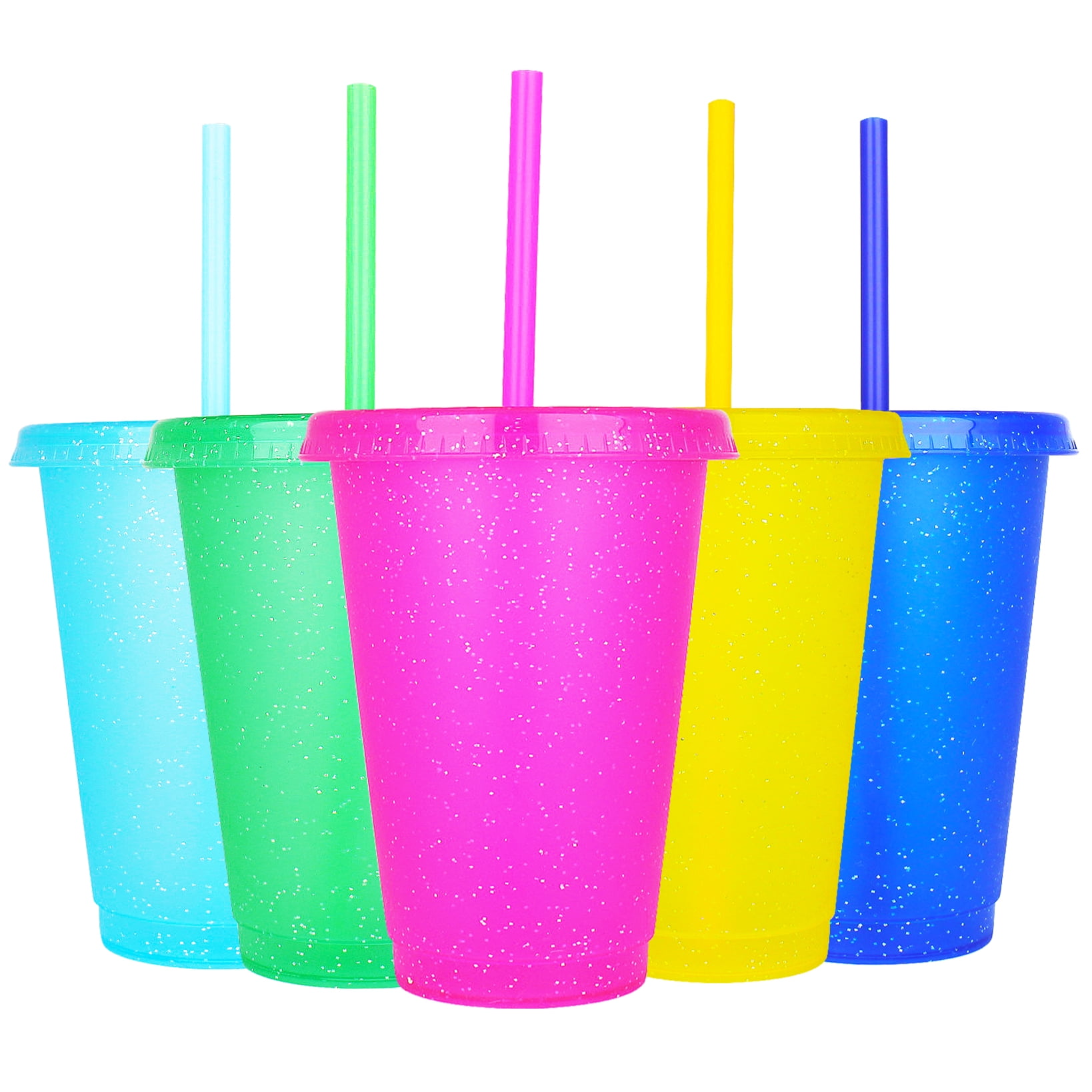 16 oz 5-Pack Glitter Cups with Lids and Straws, Reusable Plastic Cups ...